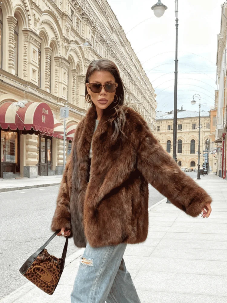 Women's Faux Fur Short Coat with Lapel Collar - Stylish Warm Outerwear ...